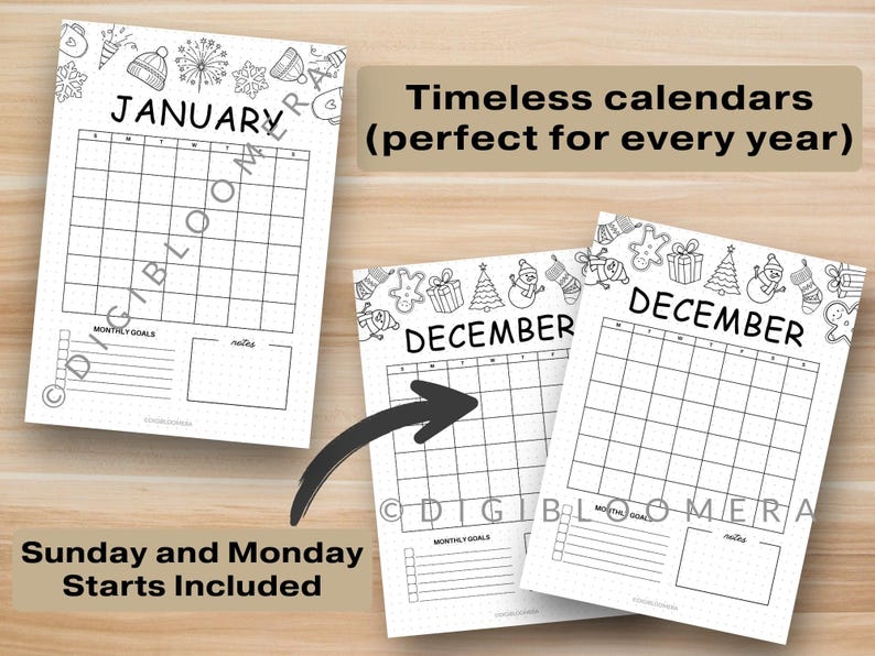 12 Month Calendar - BUNDLE A, Printable Calendar, Journal Calendar ...