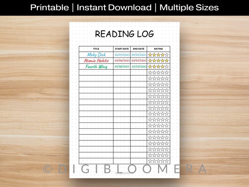 Reading Log Chart, Printable Journal Page, Reading Tracker, Books to ...