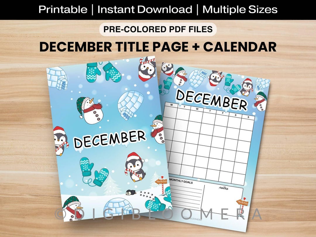 December Calendar & Title Page | Pre-colored Printable and Digital ...