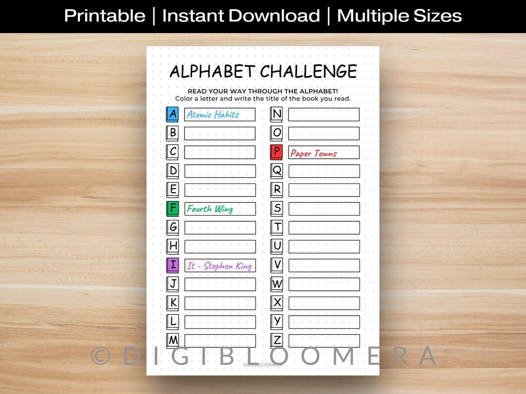 Alphabet Reading Challenge | Printable Journal Page | Book Tracker - Etsy