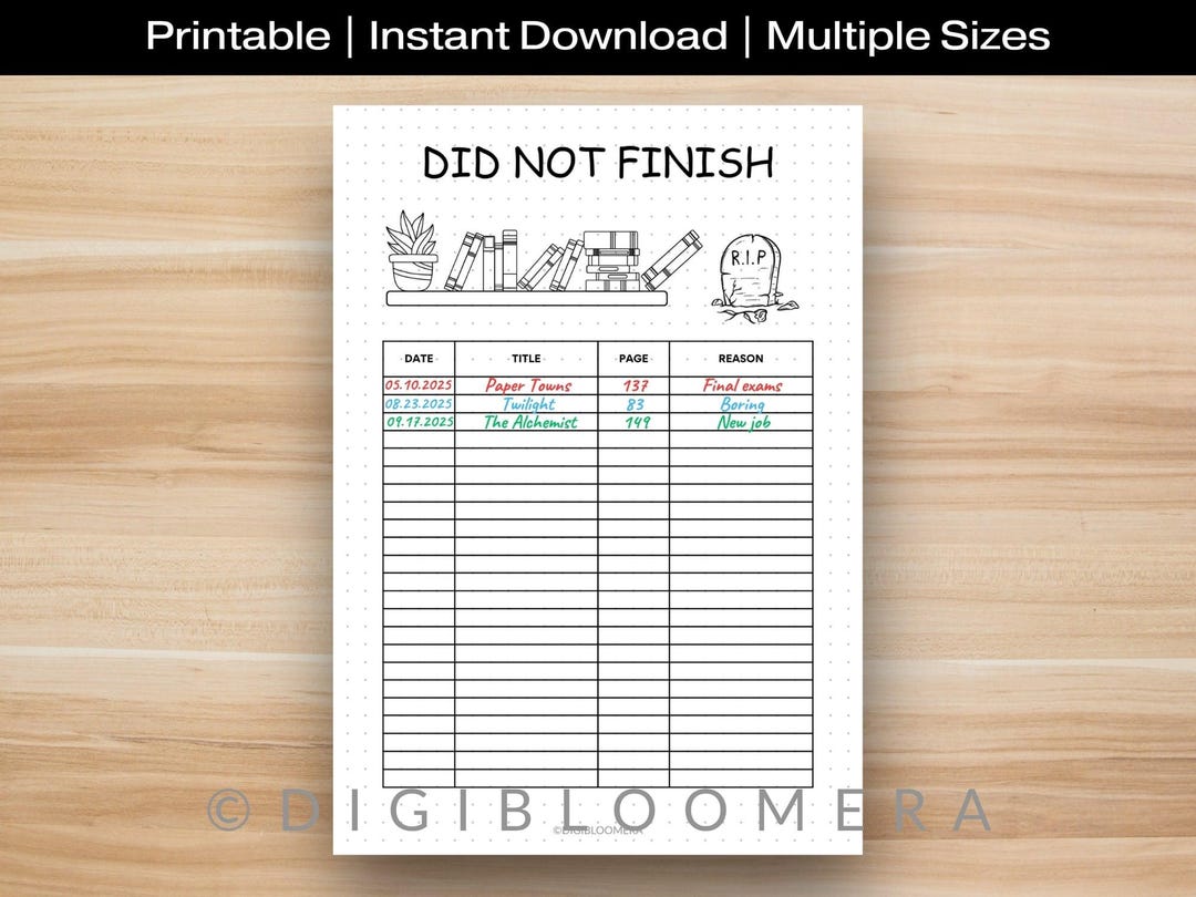 Did Not Finish Reading Tracker | Printable Journal Page | DNF List - Etsy