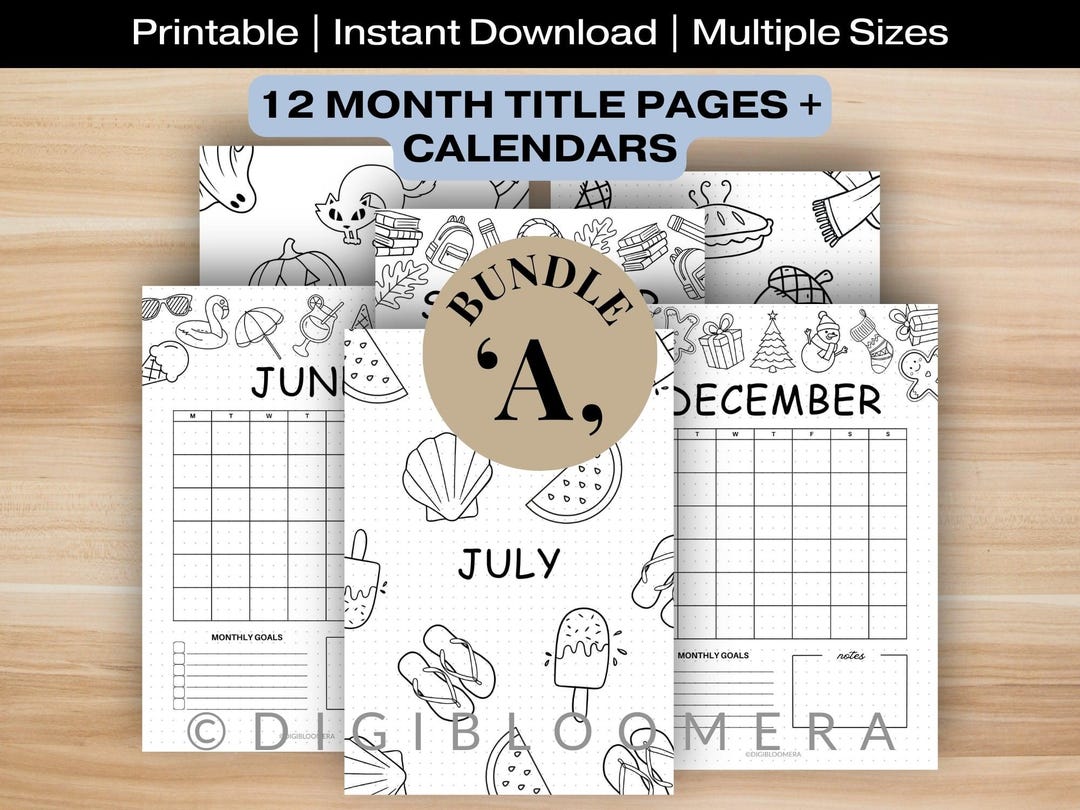 12 Month Title Pages and Matching Calendars - BUNDLE A, Printable ...