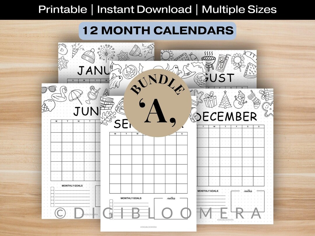 12 Month Calendar - BUNDLE A, Printable Calendar, Journal Calendar ...