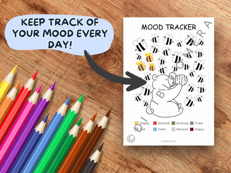 Bee Mood Tracker Printable, Journal Page, Daily Mood Tracker, Feelings ...
