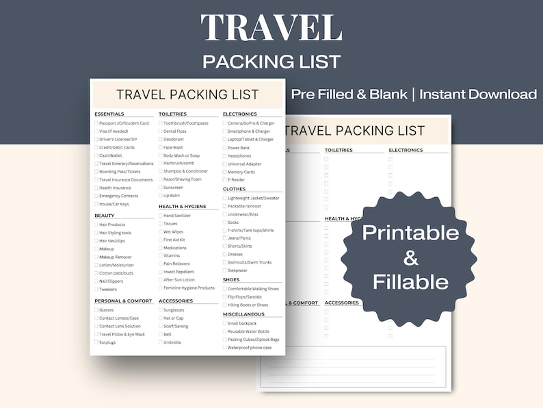 Printable Travel Packing List: Vacation Planner Checklist (fillable PDF ...
