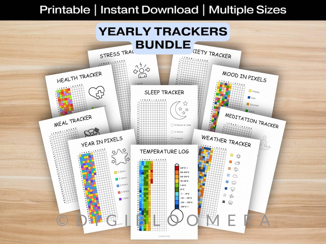 Yearly Trackers Bundle, Printable Journal Pages, Digital Planner Pages ...