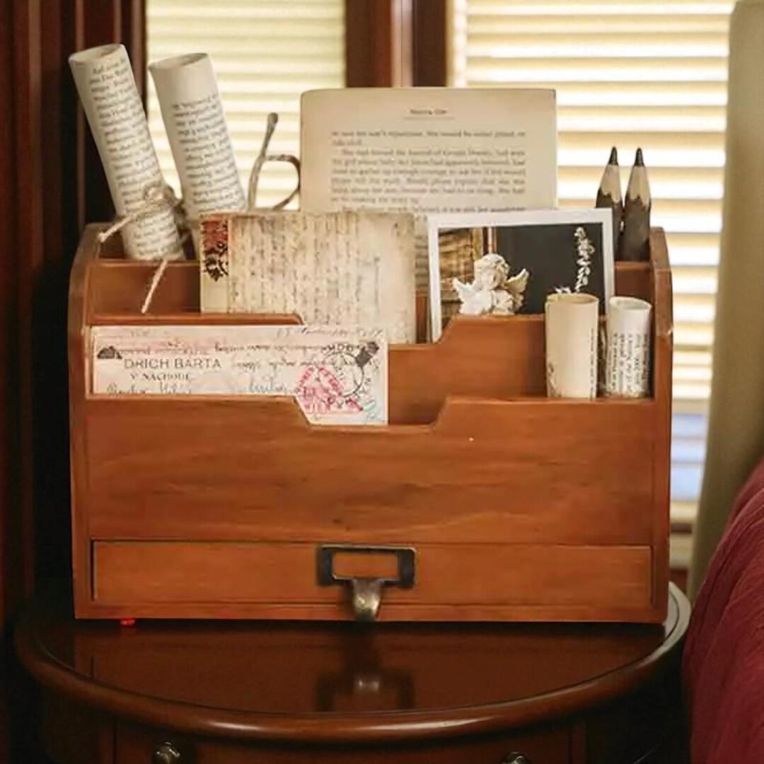 Retro Wooden Desk Drawer Cabinet – Vintage Desktop Organizer for Home ...