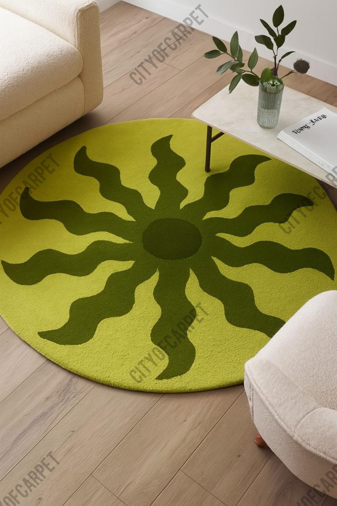Hand Tufted Wool Sunburst Rug Funky Retro Green Wavy Carpet for Living ...