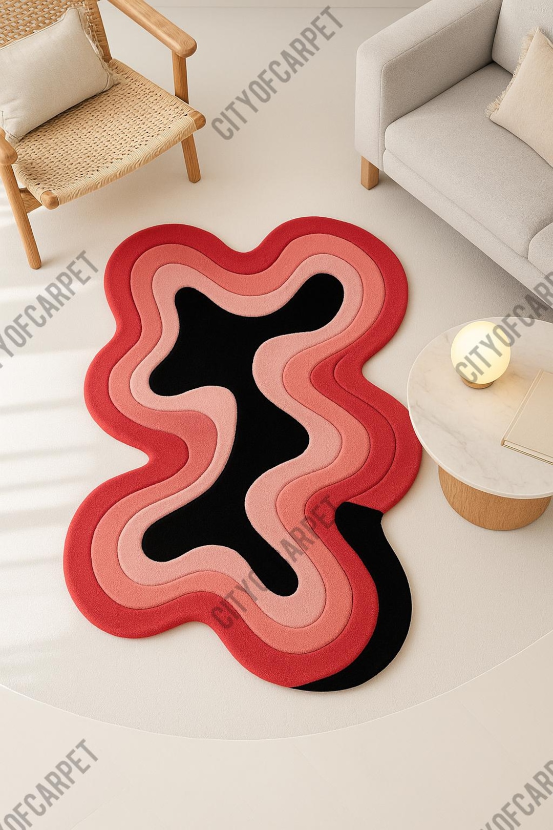 Hand-tufted Wool Rug Retro Wavy Design Red & Pink Groovy Carpet for ...