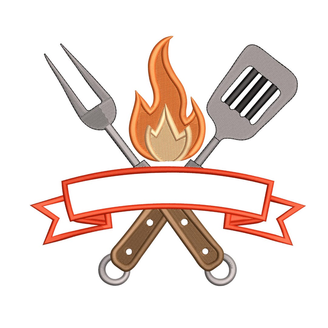 BBQ Grill Tools & Flame Banner – Customizable Machine Embroidery Design ...
