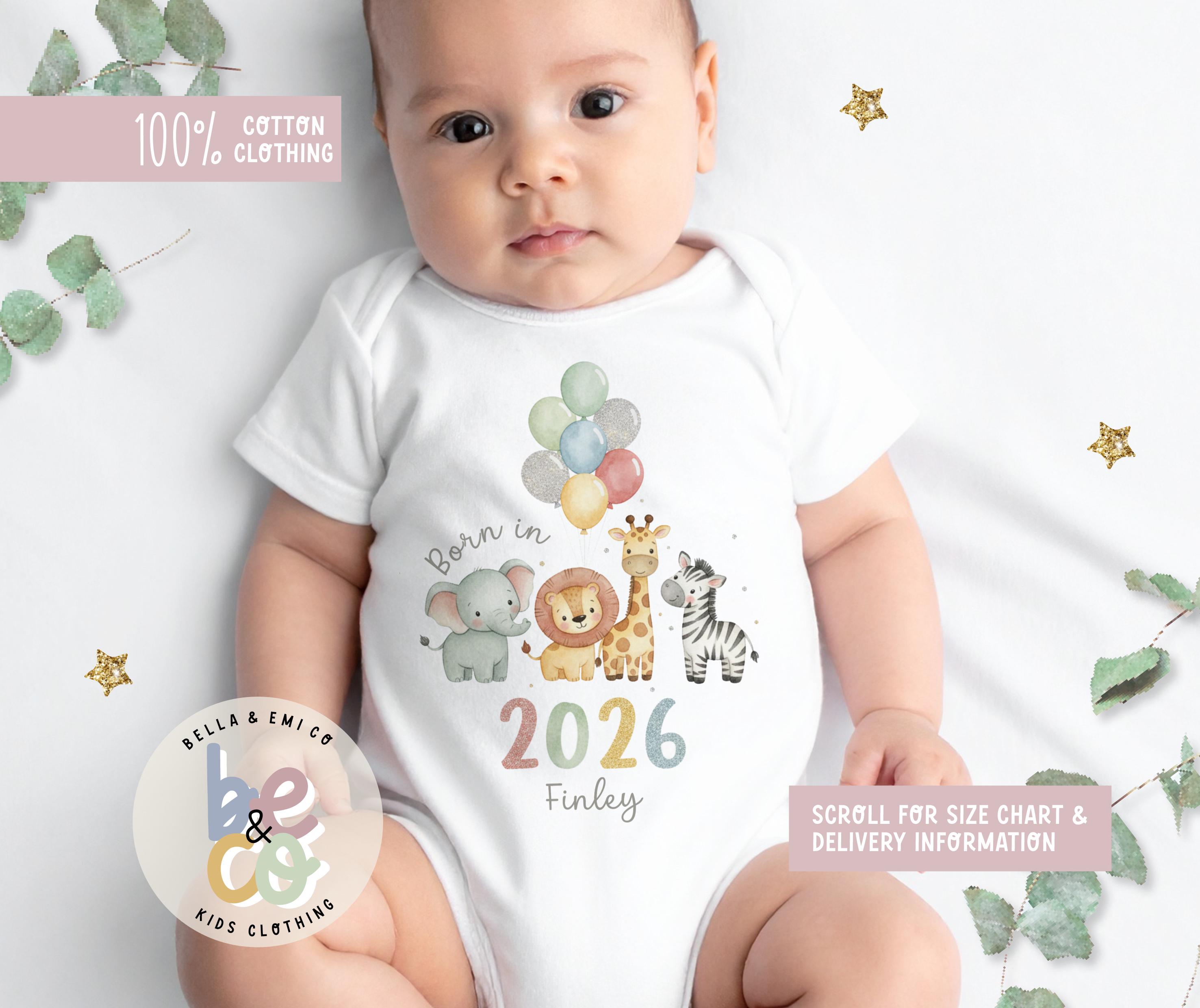 Personalized Safari Animal Baby Grow, Sleepsuit - Born in 2026 ...