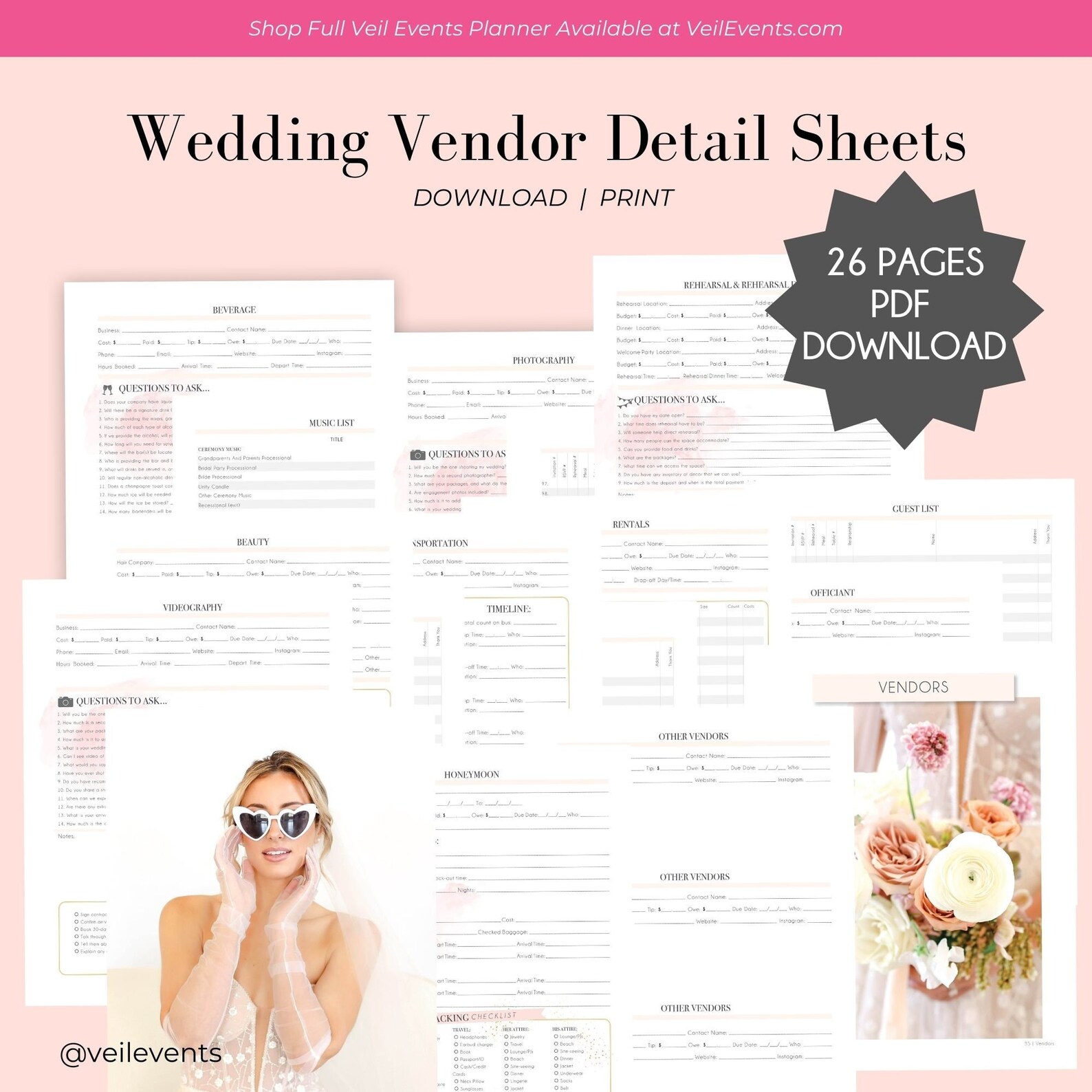 Veil Events Planner Vendor Organization 26 Sheets, Vendor Questions ...