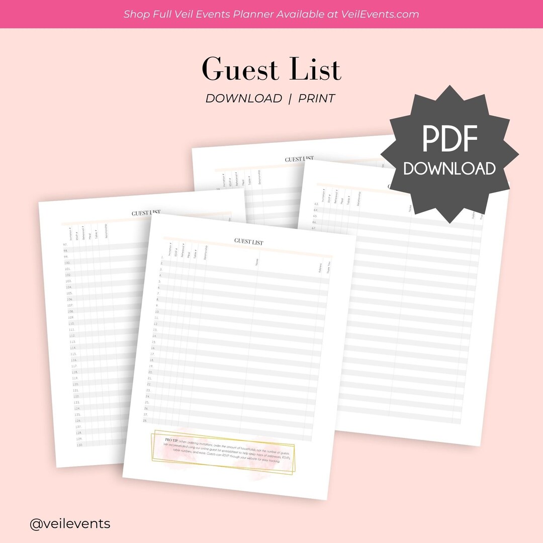 Veil Events Planner Wedding Guest List Download PDF Printable, Meal ...