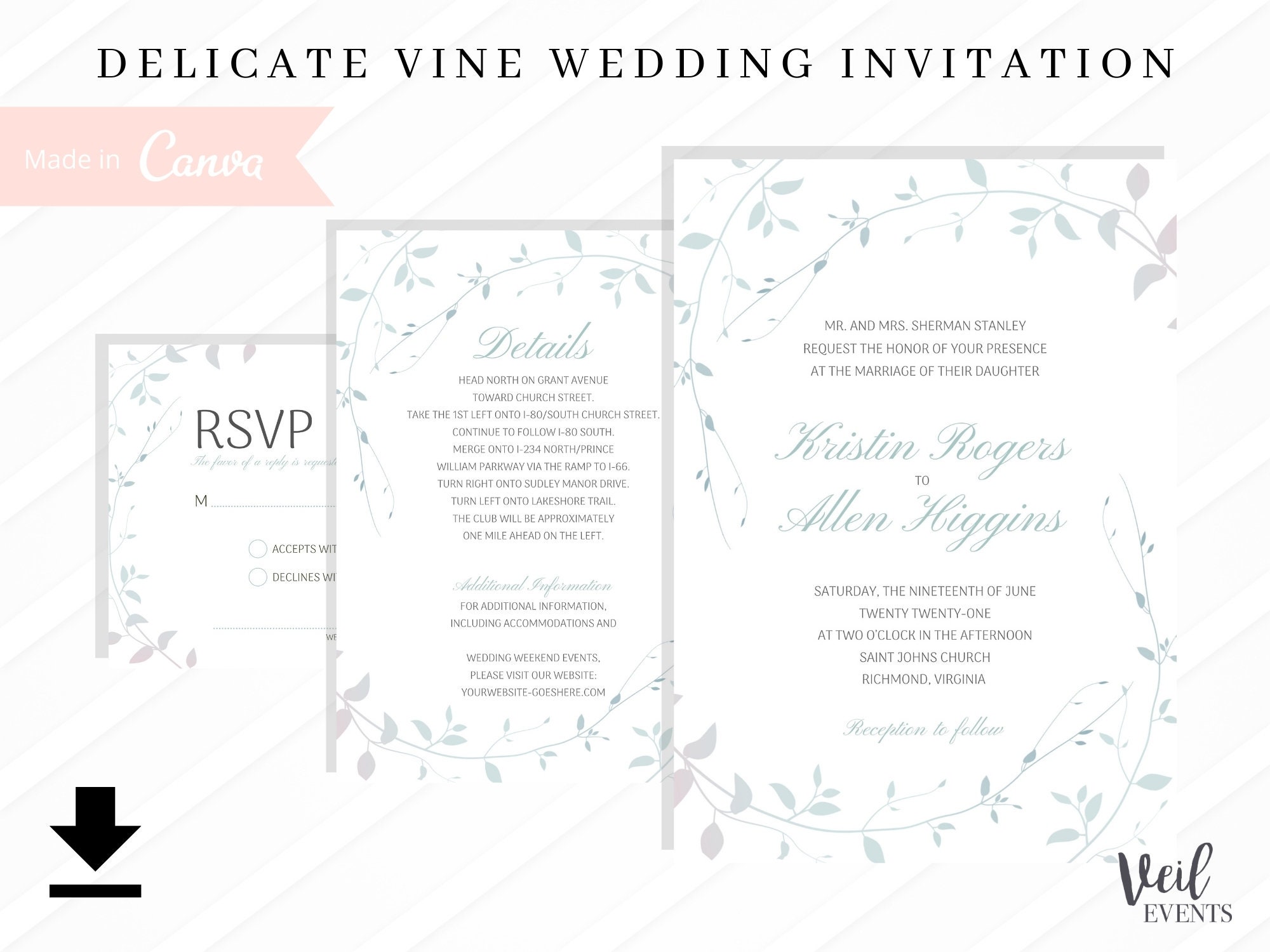 Delicate Vine Wedding Invitation & RSVP Instant Canva Template, Minimal ...