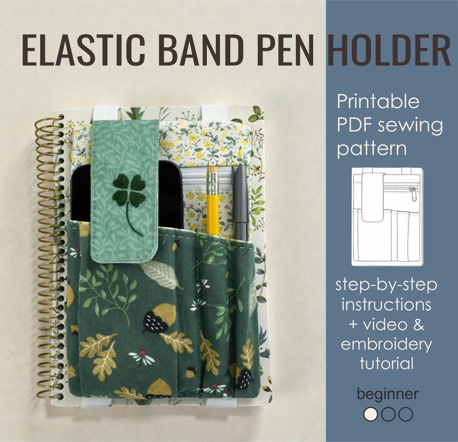 Elastic Band Pen Holder PDF Sewing Pattern: Fabric Pencil Case for ...