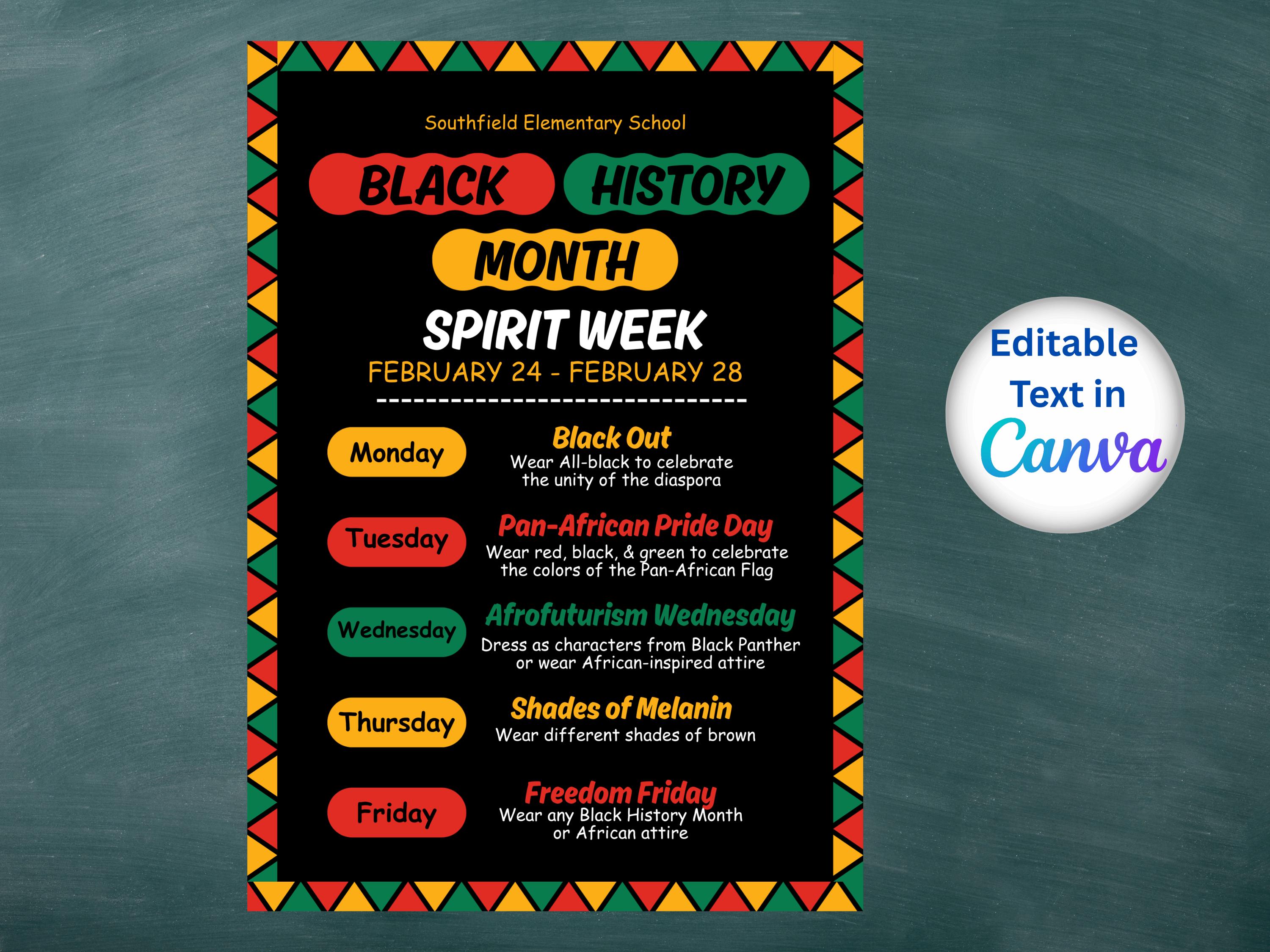 Black History Month School Spirit Week Flyer (canva Editable) - Etsy