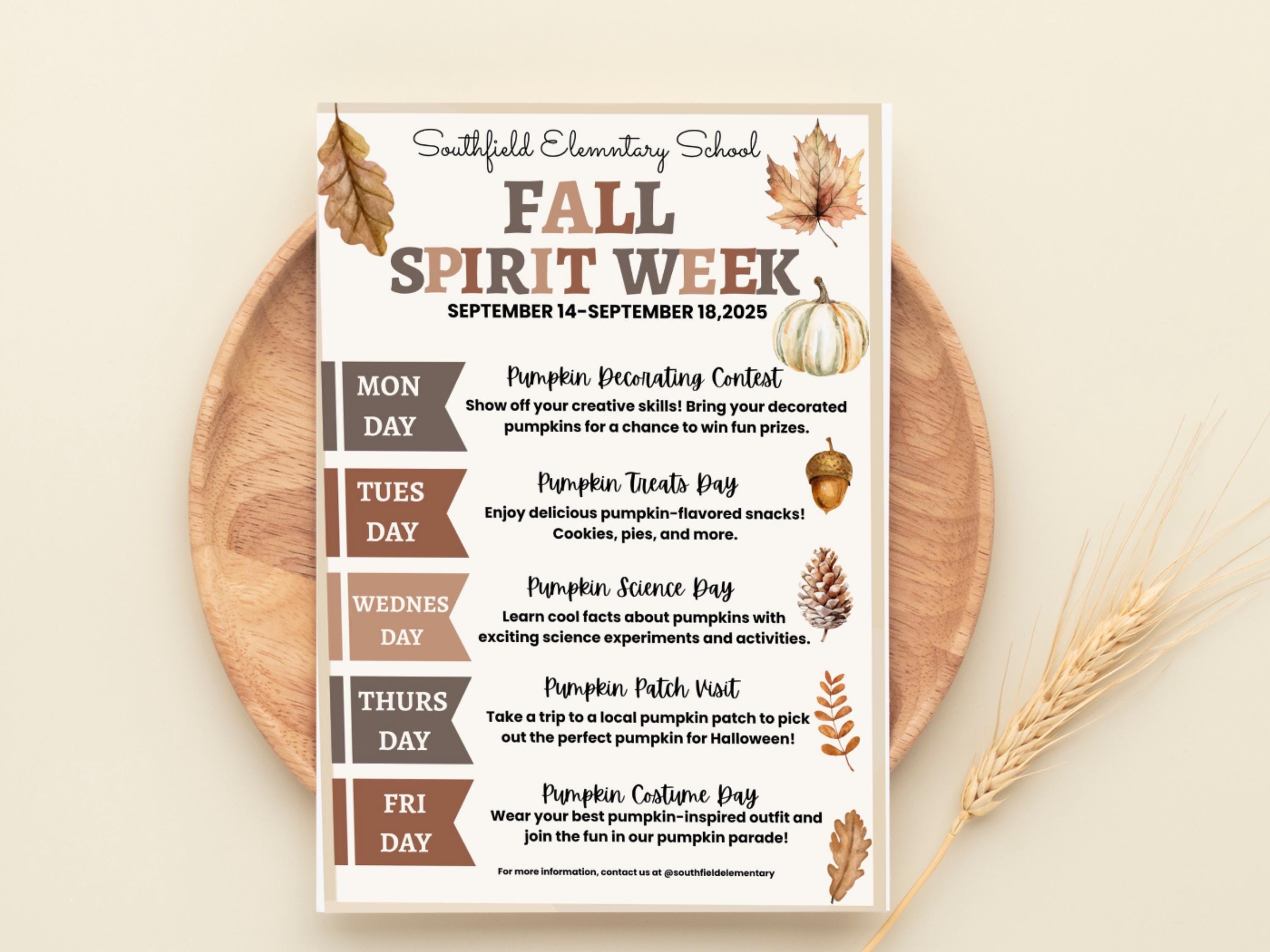 Editable Fall School Spirit Week Flyer Template: Autumn Newsletter ...
