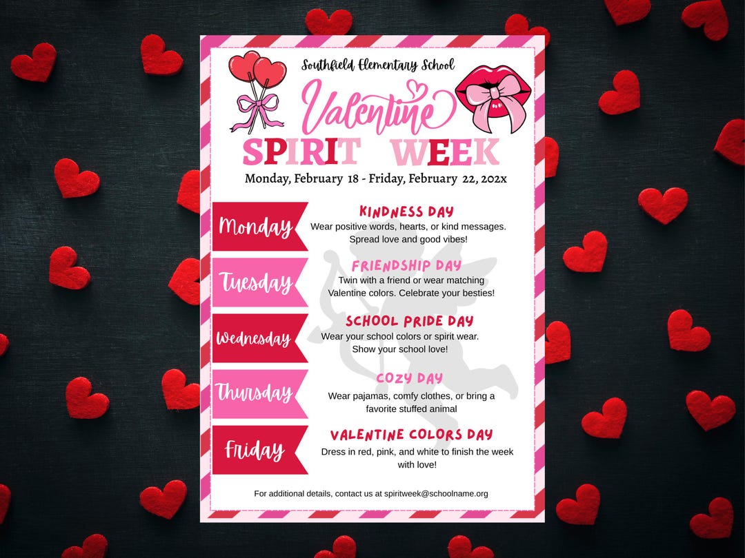 Valentine's School Spirit Week Flyer, Valentine Dress up Days Poster ...