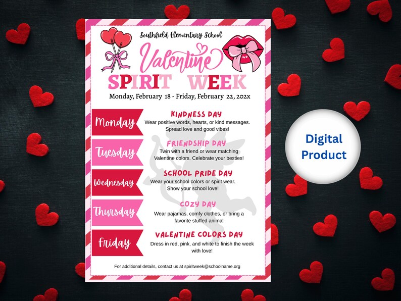 Valentine's School Spirit Week Flyer, Valentine Dress up Days Poster ...