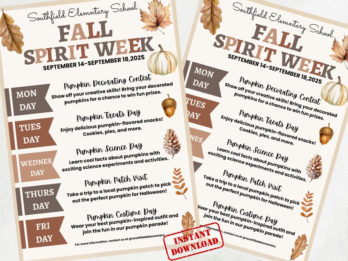 Editable Fall School Spirit Week Flyer Template: Autumn Newsletter ...