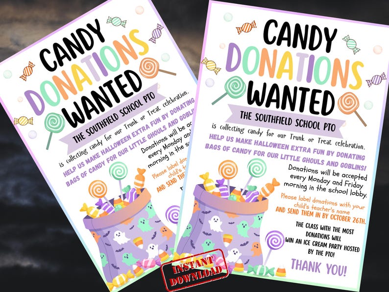 Halloween Candy Donation Flyer, Trunk or Treat School PTO Fundraiser ...