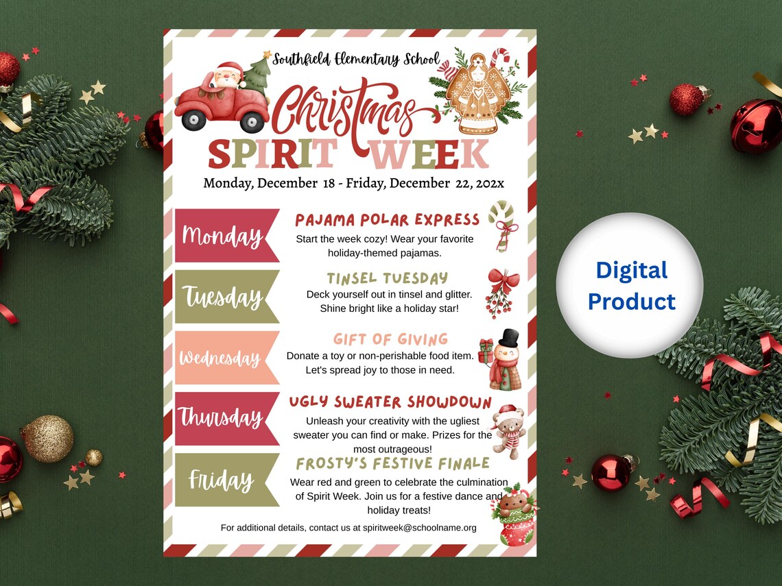 Christmas Spirit Week Flyer: School PTO Events (editable Canva Template ...
