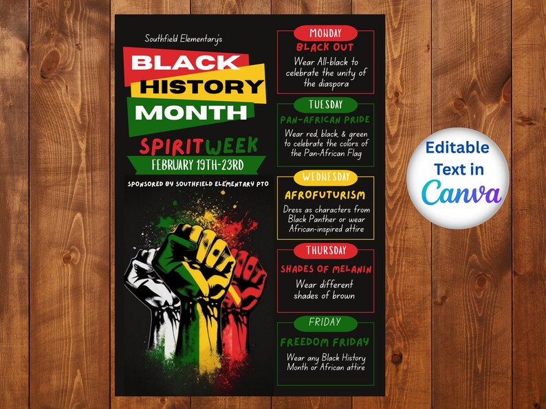 Black History Month School Spirit Week Flyer (canva Editable) - Etsy