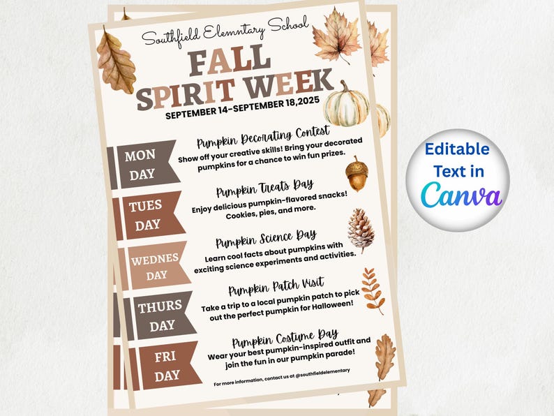 Editable Fall School Spirit Week Flyer Template: Autumn Newsletter ...