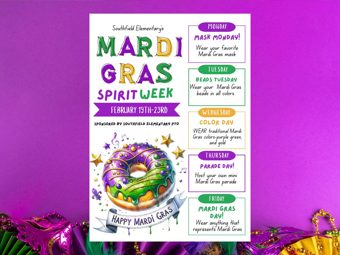 Mardi Gras School Spirit Week Flyer (canva Editable) - Etsy
