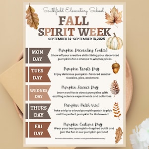 Editable Fall School Spirit Week Flyer Template: Autumn Newsletter ...