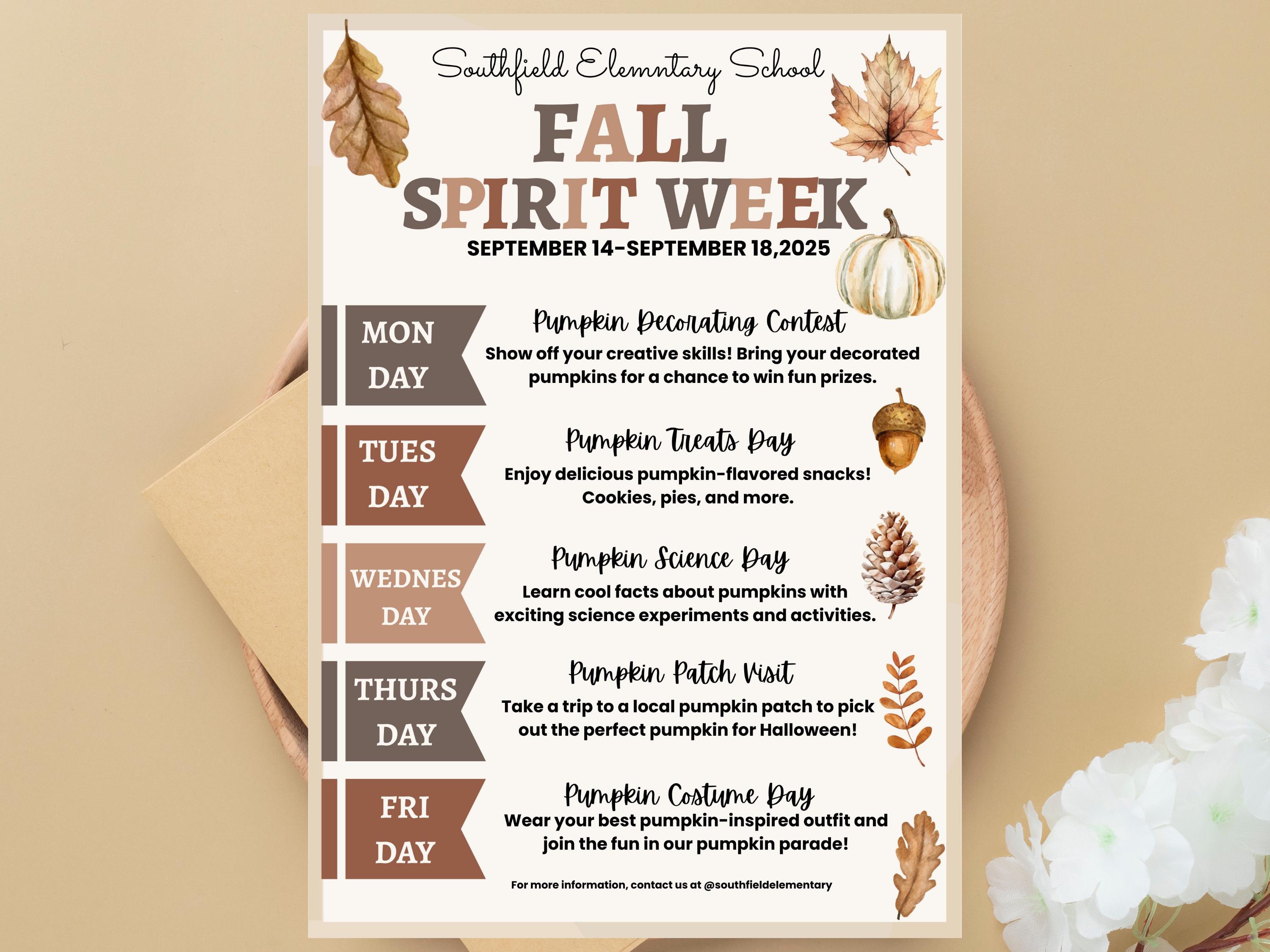 Editable Fall School Spirit Week Flyer Template: Autumn Newsletter ...
