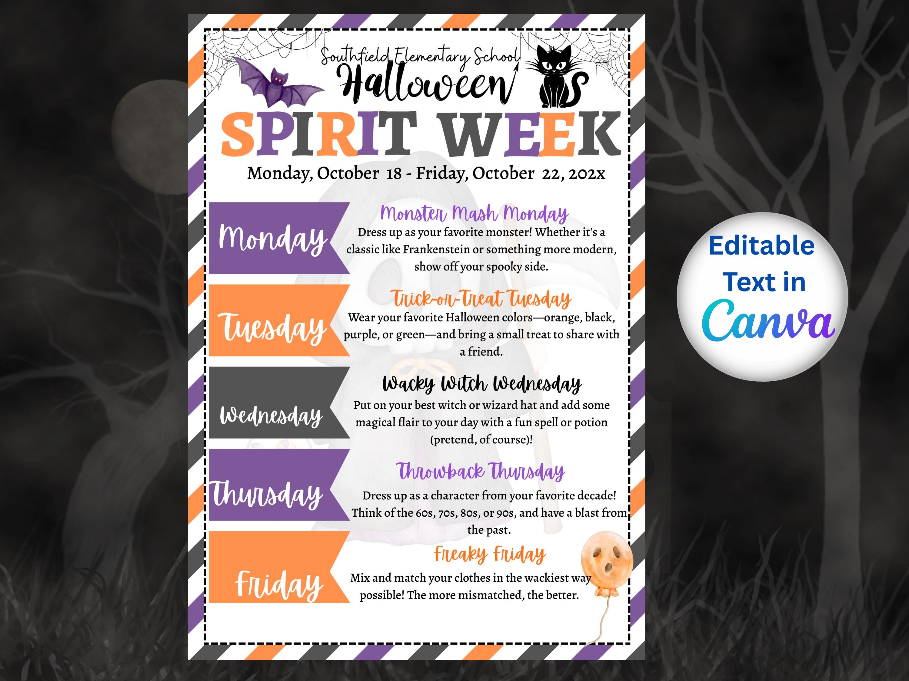 Halloween Spirit Week Flyer: Editable School Event Poster (canva ...