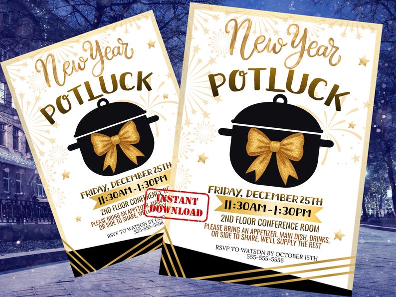 New Year Potluck Party Invitation Flyer, NYE Eve Potluck Invite (canva ...