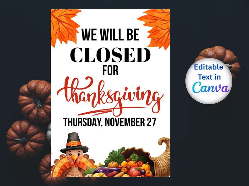Closed for Thanksgiving Sign 2025, Holiday Closure Banner for Business ...