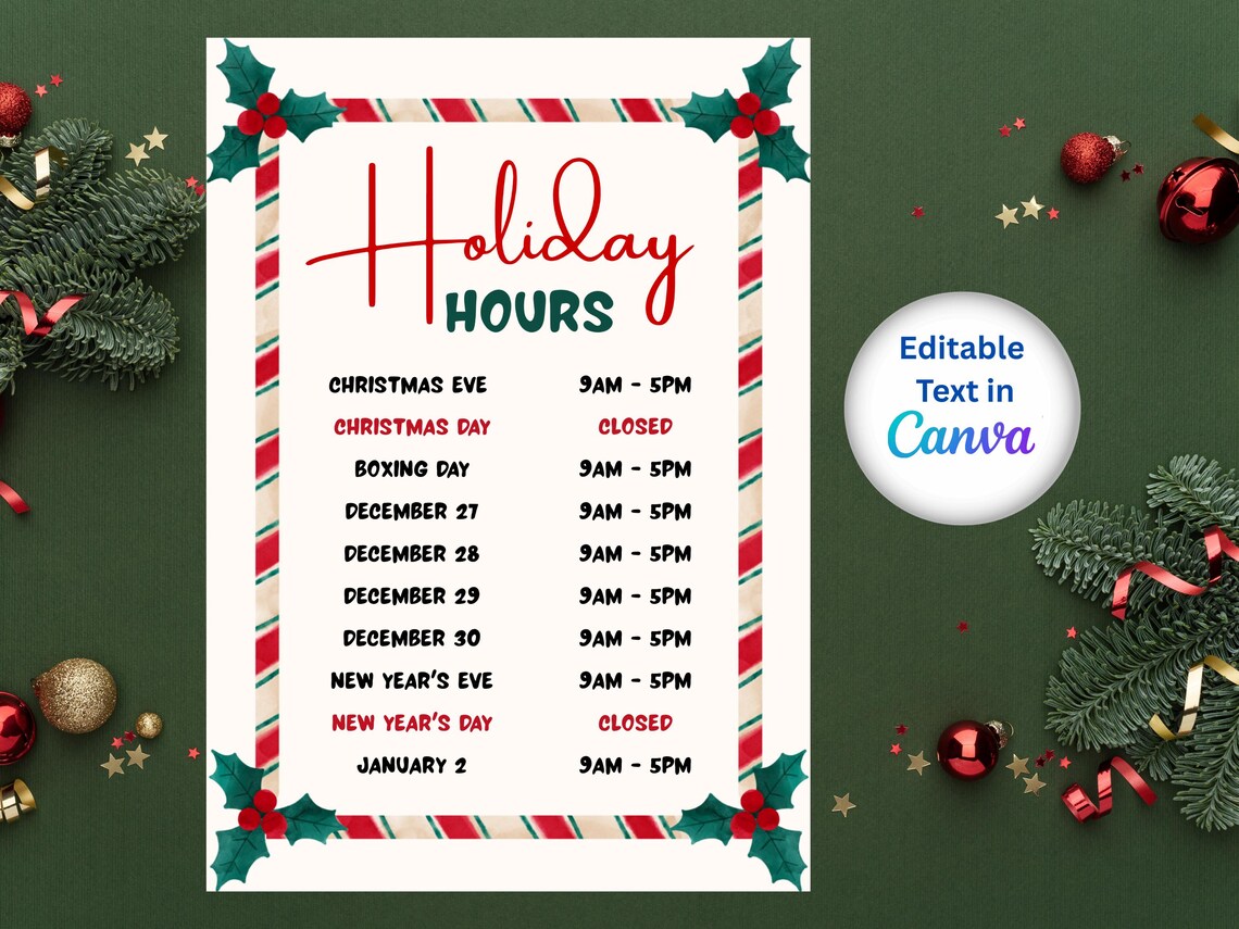 Christmas Store Hours Template, Holiday Door Sign (canva Editable) - Etsy