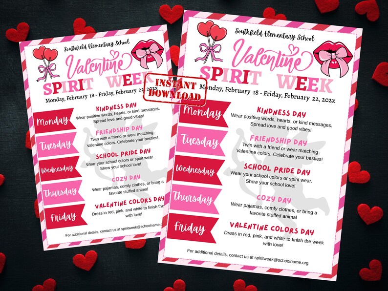Valentine's School Spirit Week Flyer, Valentine Dress up Days Poster ...