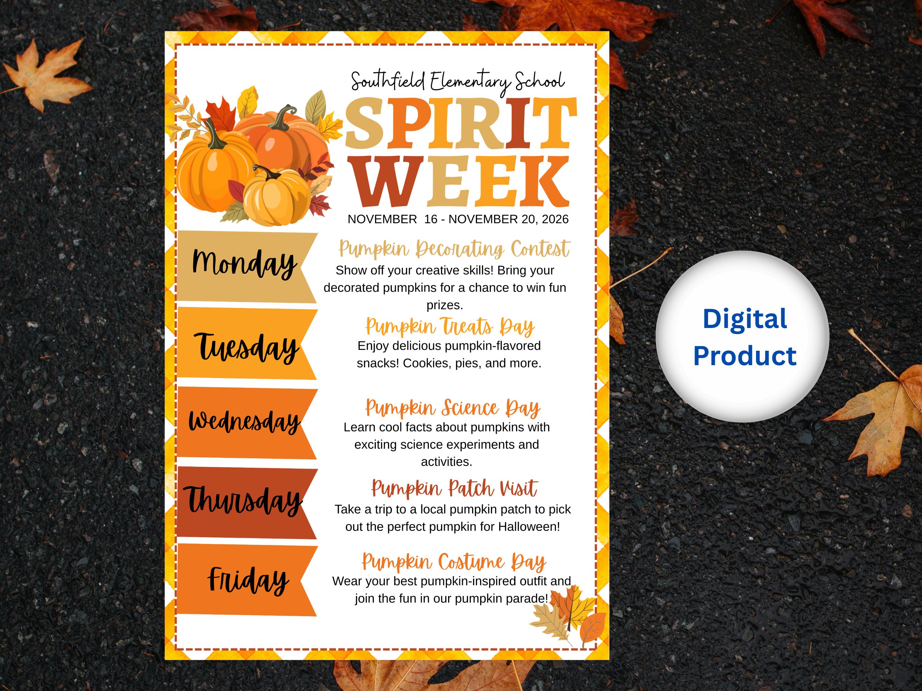 Fall Spirit Week Flyer Template: School Event Poster (canva Editable ...