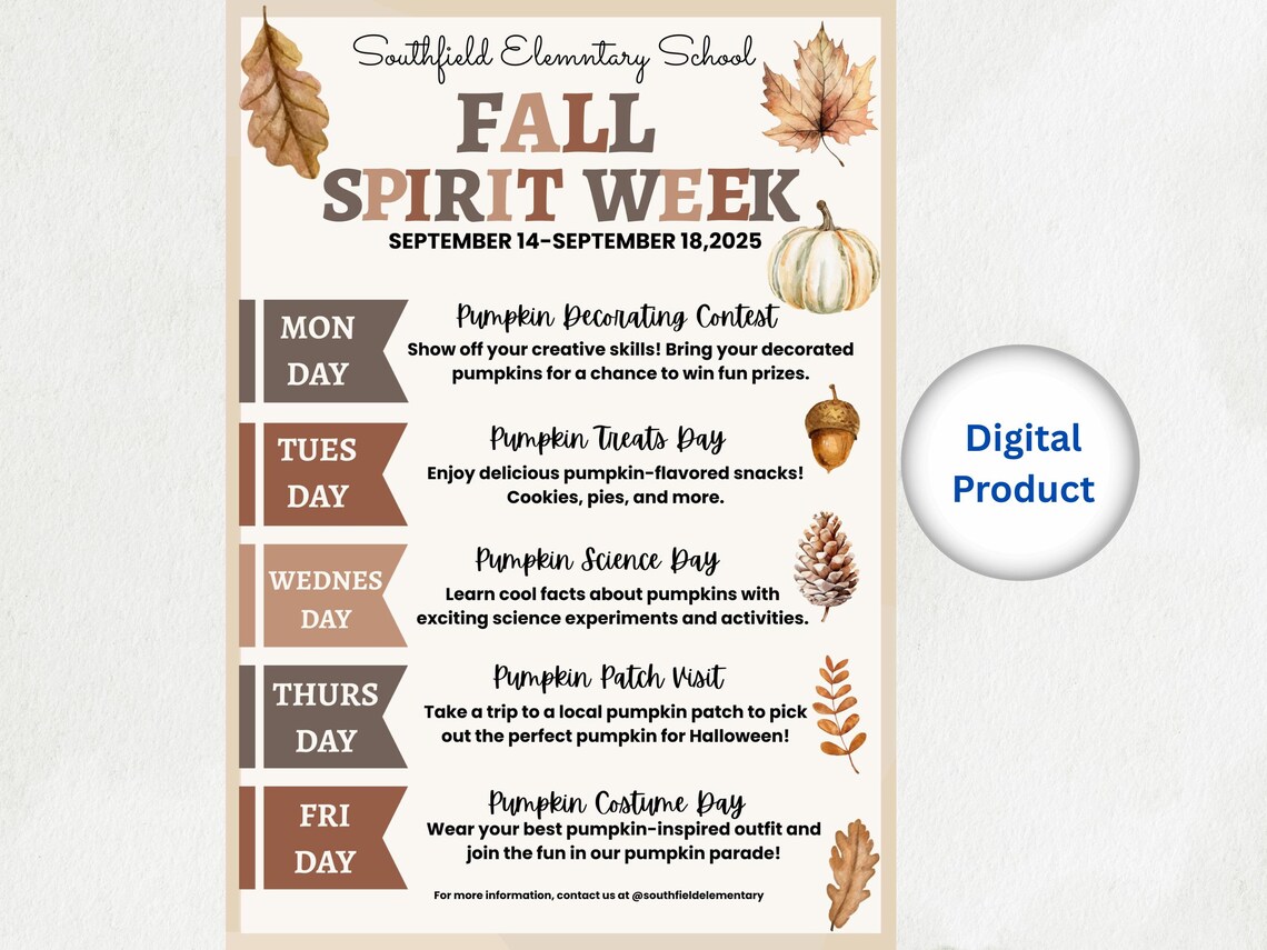 Editable Fall School Spirit Week Flyer Template: Autumn Newsletter ...