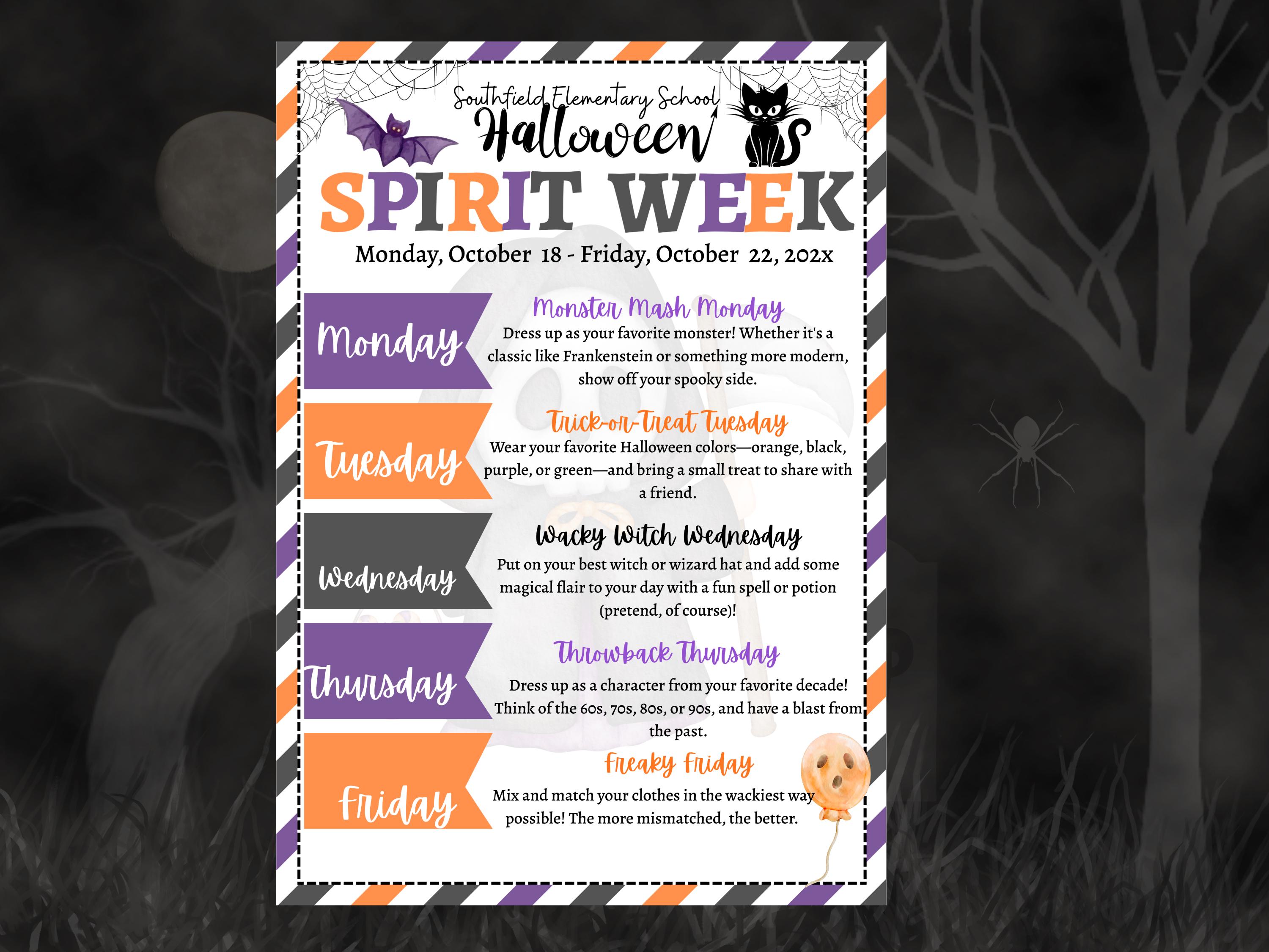 Halloween Spirit Week Flyer: Editable School Event Poster (canva ...