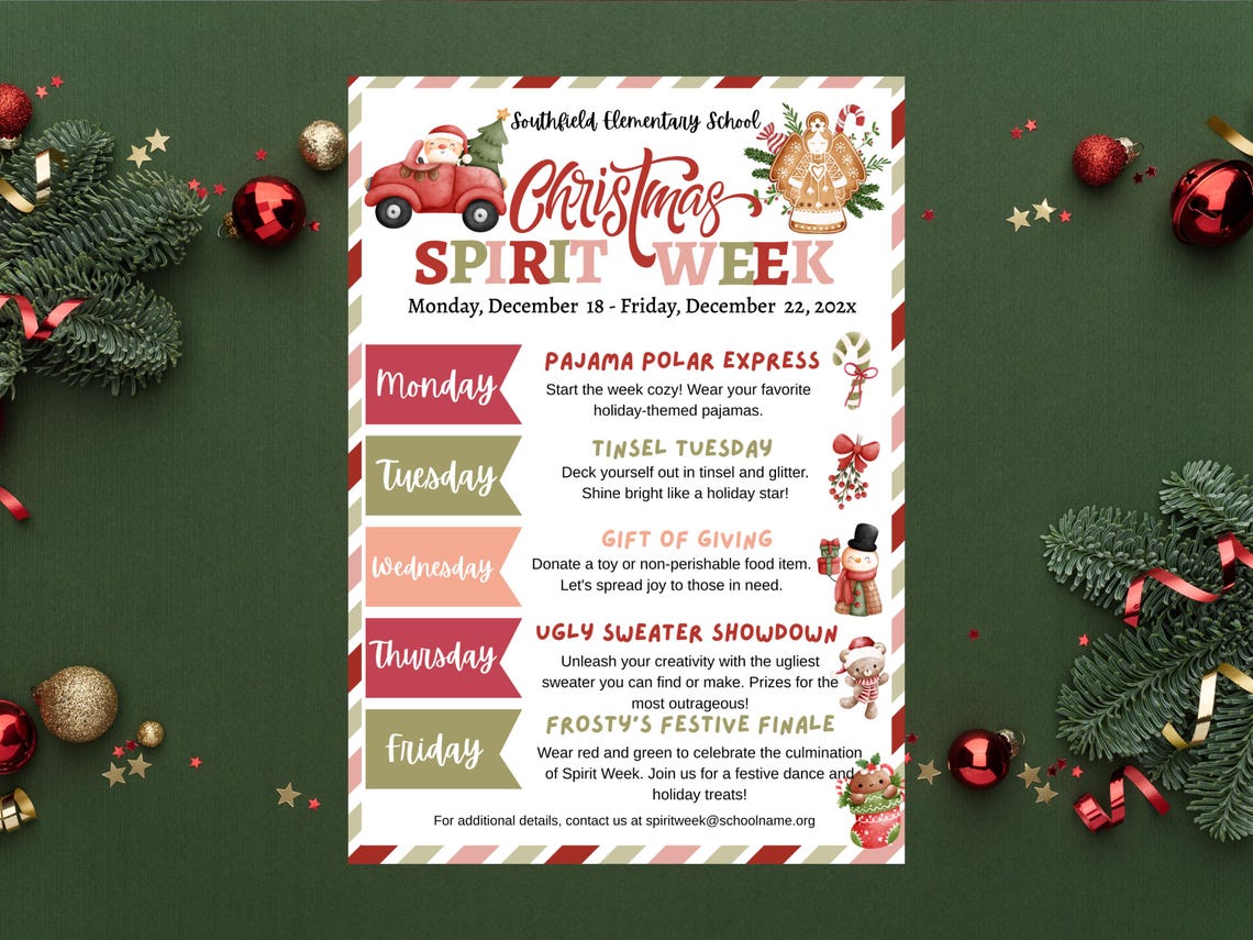 Christmas Spirit Week Flyer: School PTO Events (editable Canva Template ...