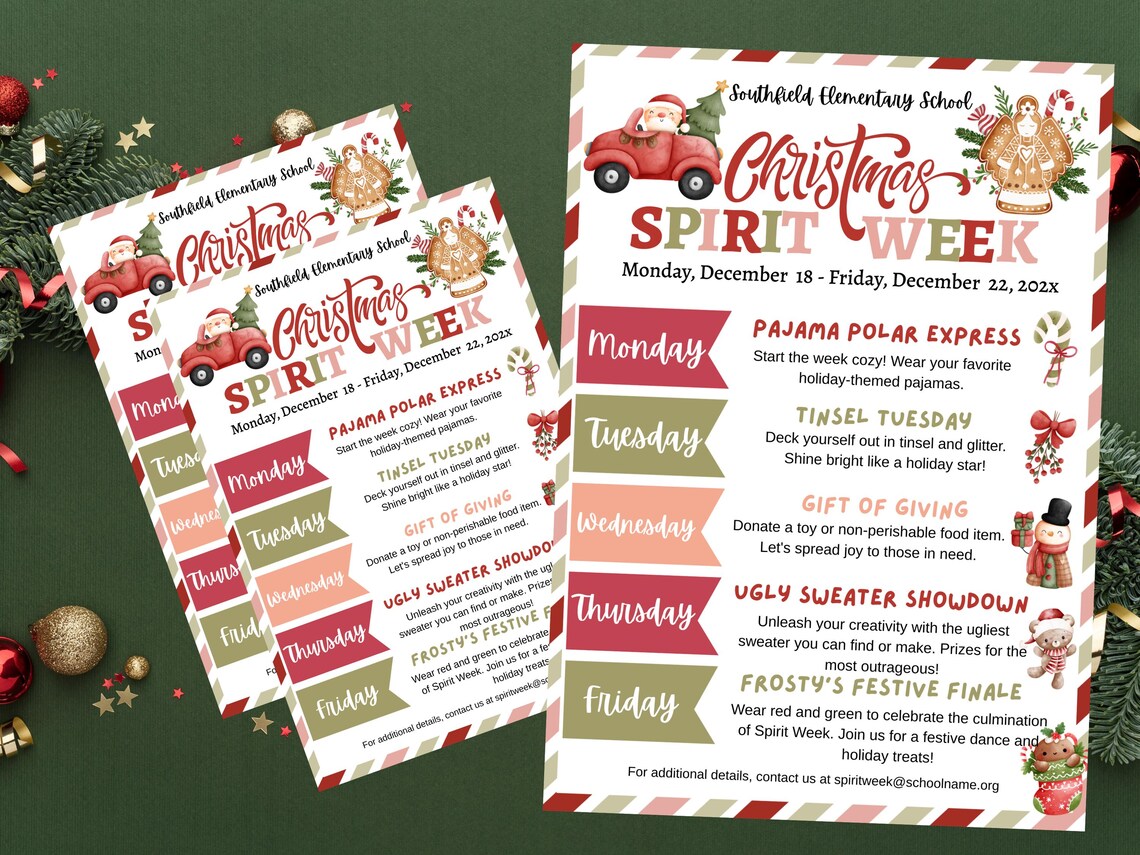Christmas Spirit Week Flyer: School PTO Events (editable Canva Template ...