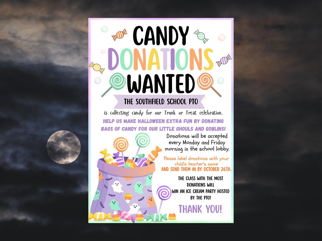Halloween Candy Donation Flyer, Trunk or Treat School PTO Fundraiser ...