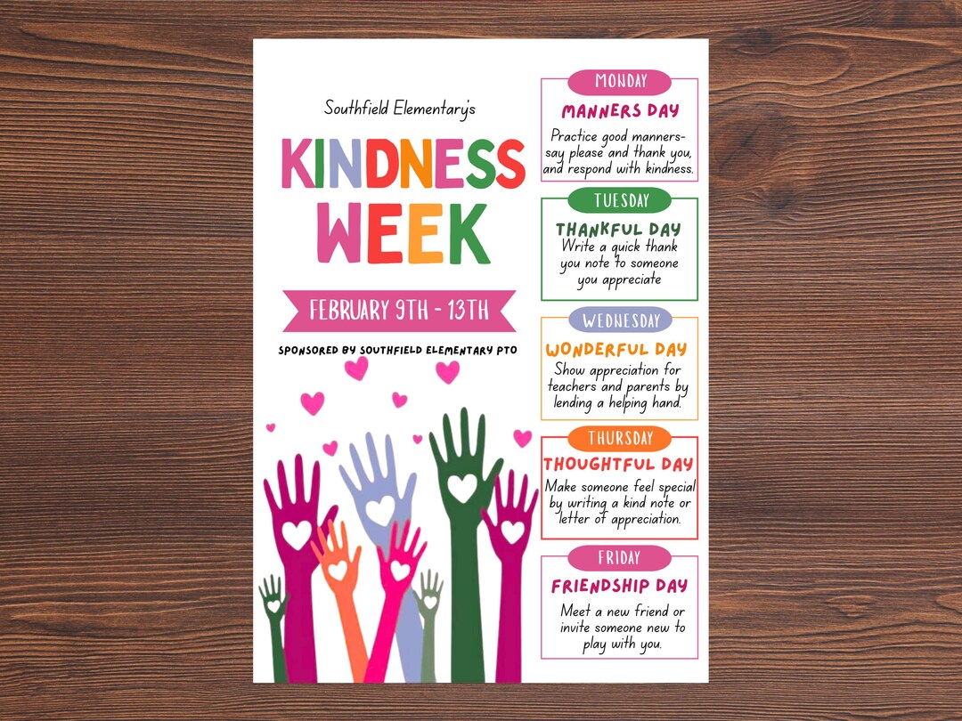 Kindness Week Flyer, School Spirit Week PTO PTA (canva Editable) - Etsy