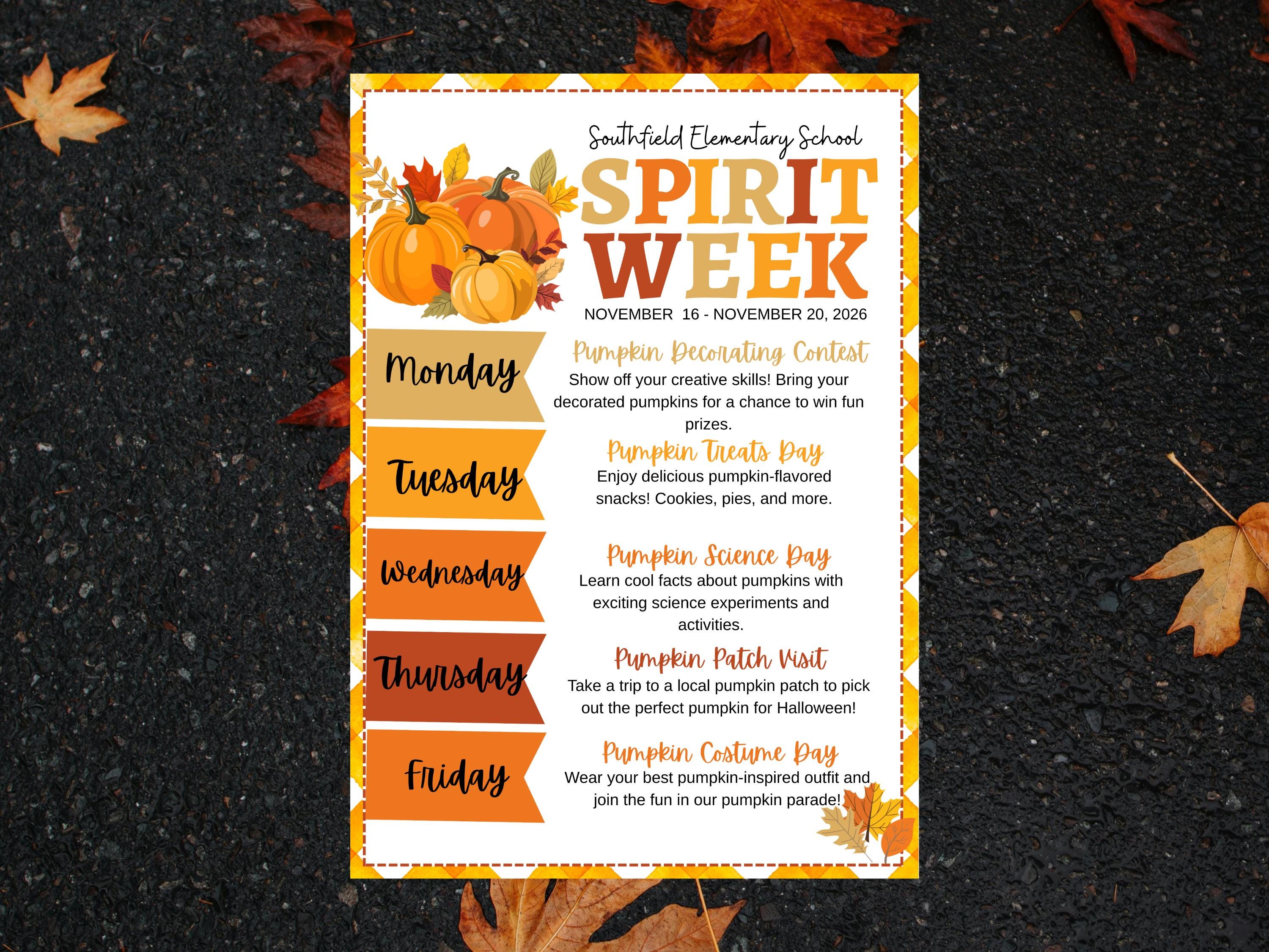 Fall Spirit Week Flyer Template: School Event Poster (canva Editable ...