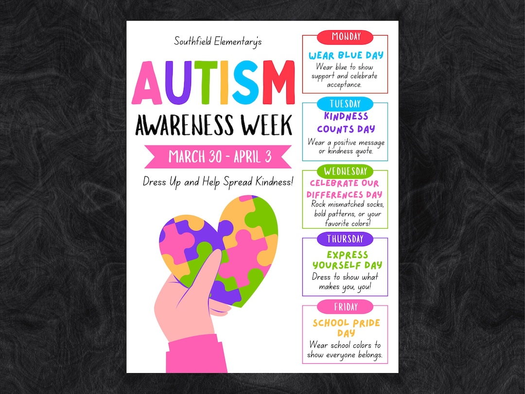 Autism Awareness Spirit Week Flyer, School Autism Acceptance Events ...