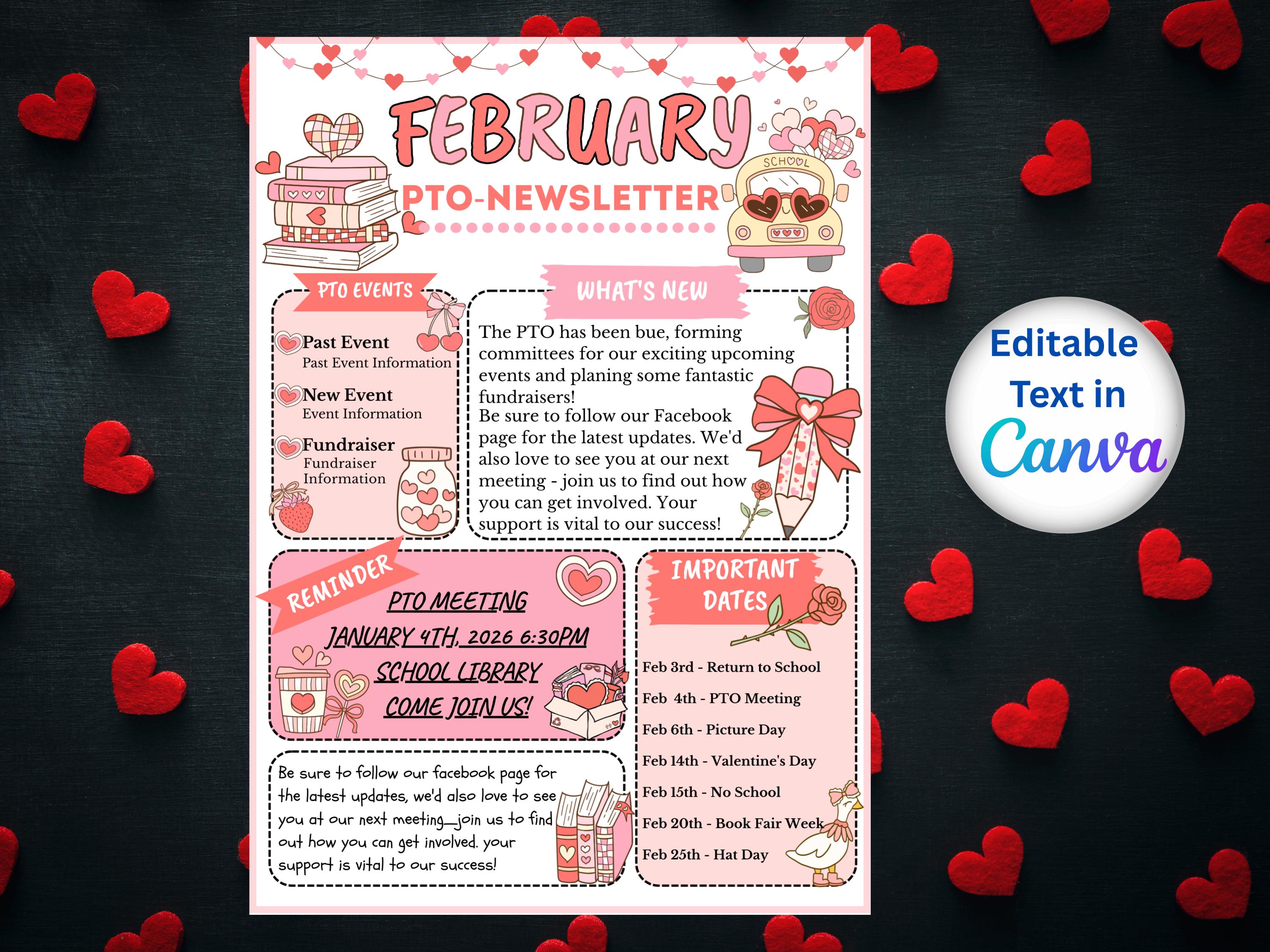 February Newsletter, PTO, PTA, Classroom Information (canva Editable ...