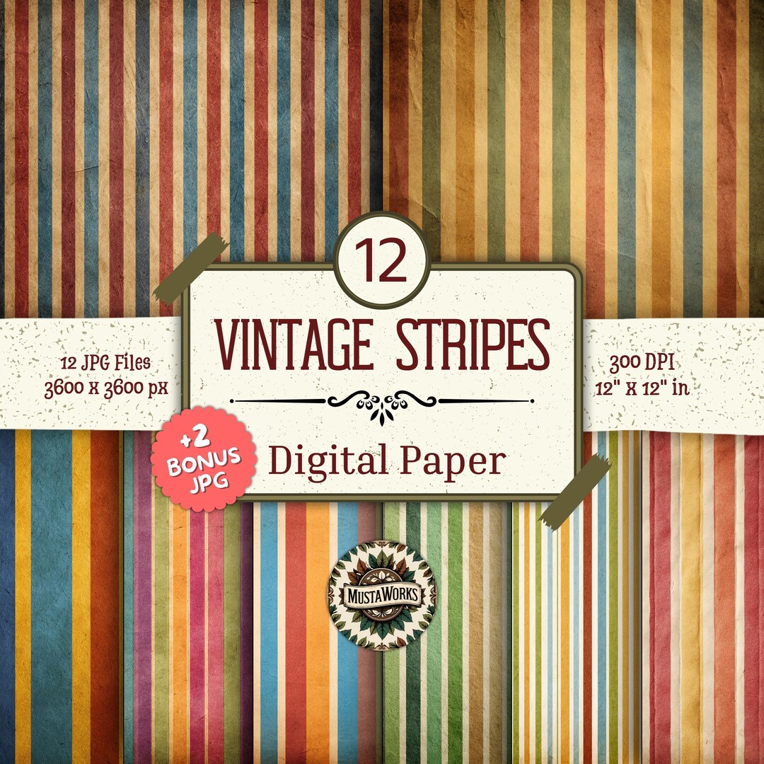 Vintage Stripes Digital Paper Pack – 12 Striped Designs +2 Bonus Papers ...
