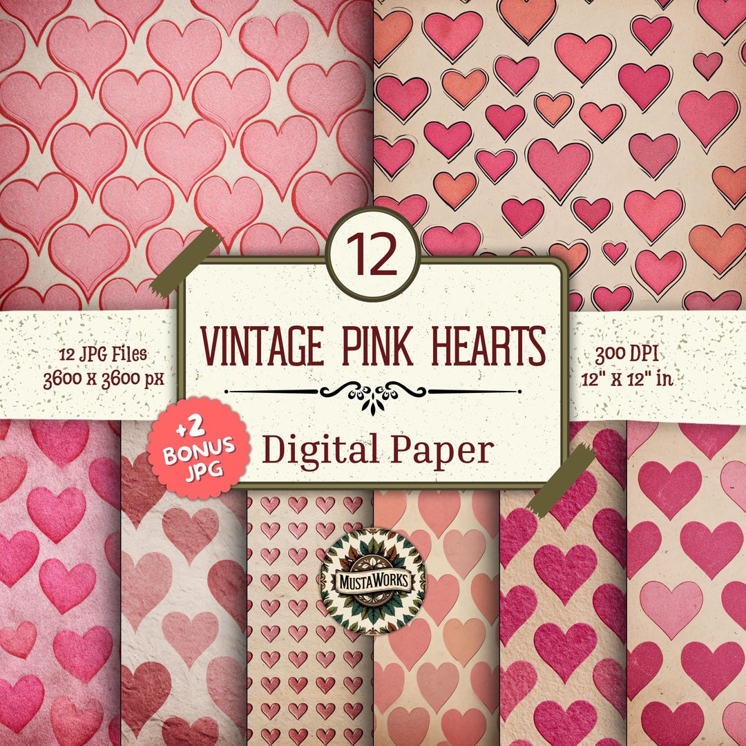 Vintage Pink Hearts Digital Paper Pack – 12 Romantic Designs +2 Bonus ...