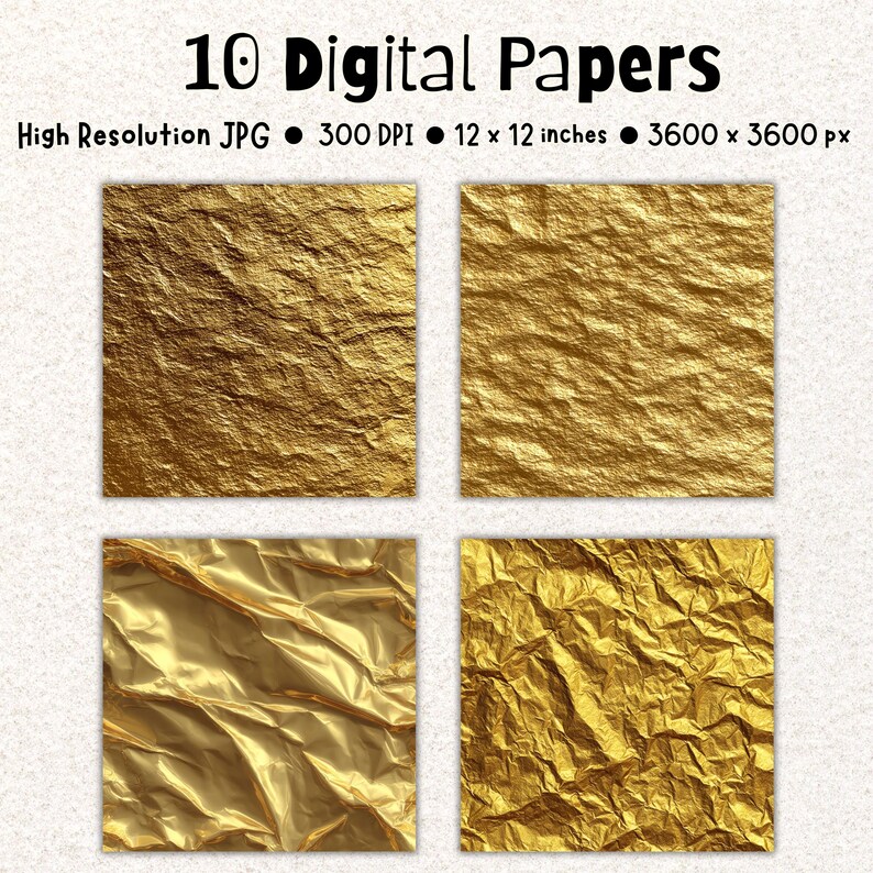 Gold Foil Digital Paper Pack – 10 Shiny Metallic Backgrounds – Luxury ...