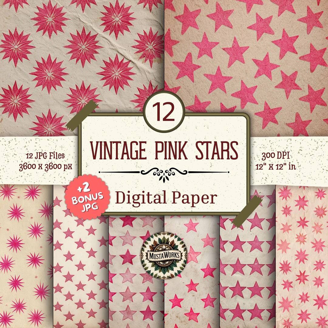 Vintage Pink Stars Digital Paper Pack – 12 Sparkling Star Designs +2 ...